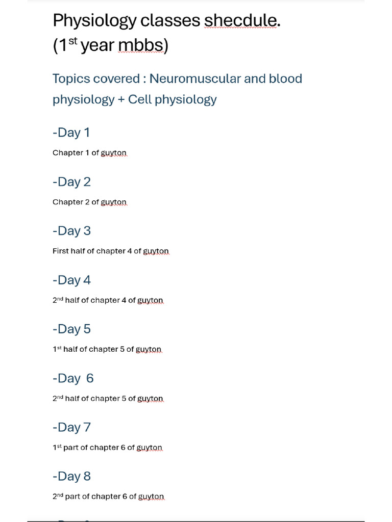 Physiology 1st Year Classes Shecdule | PDF