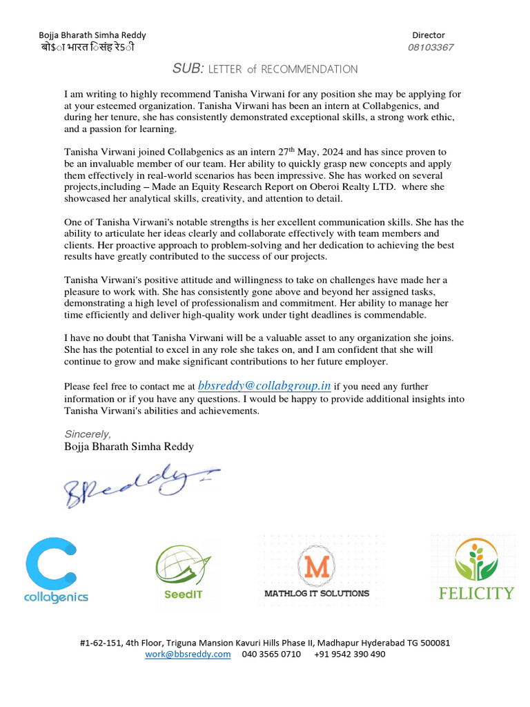 Tanisha Virwani LOR UPDATED | PDF