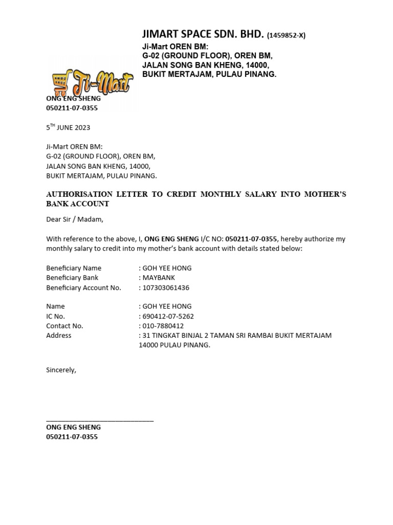 Jimart - Authorisation Letter To Credit Monthly Salary | PDF