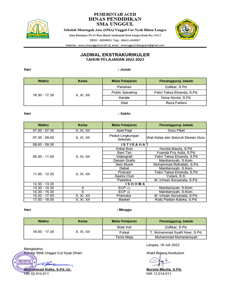 Roster Ekskul 2022-2023 | PDF