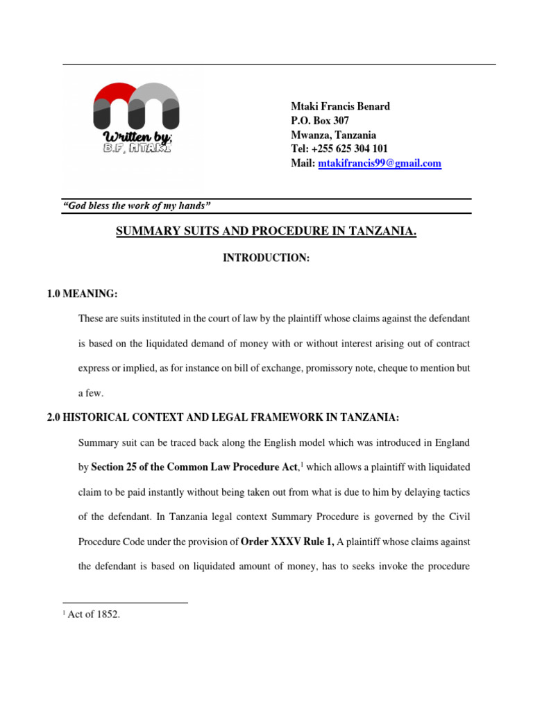 Summary Suits and Procedure in Tanzania | PDF | Lawsuit | Summary Judgment