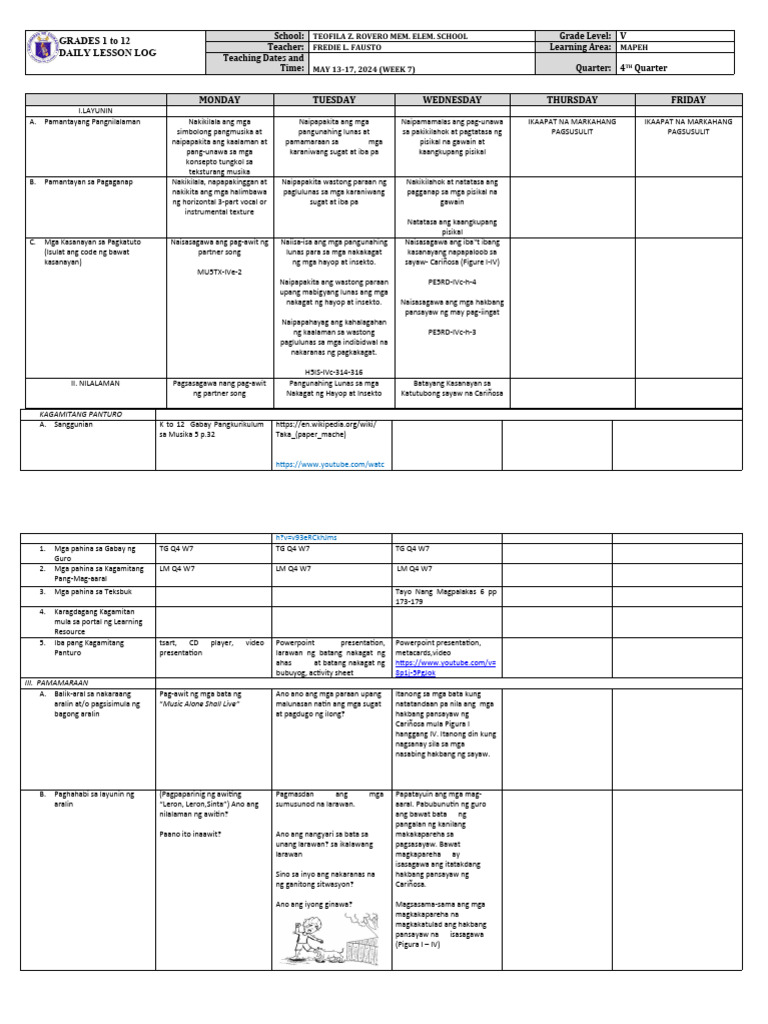 Grade 5 DLL Mapeh 5 q4 Week 7 | PDF
