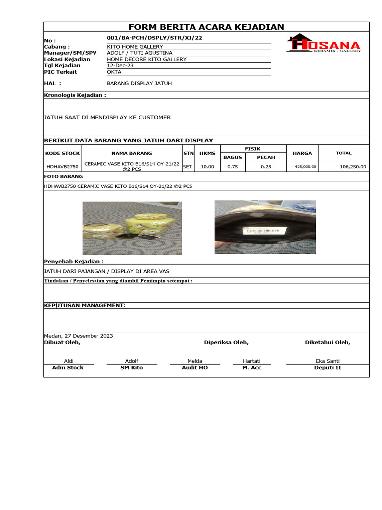 Berita Acara Barang Rusak Kito Home Gallery | PDF