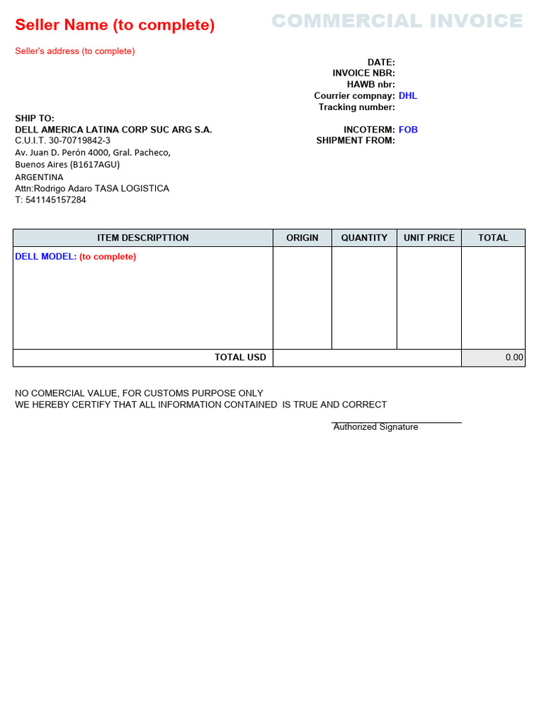 Commercial Invoice for Dell Shipment | PDF