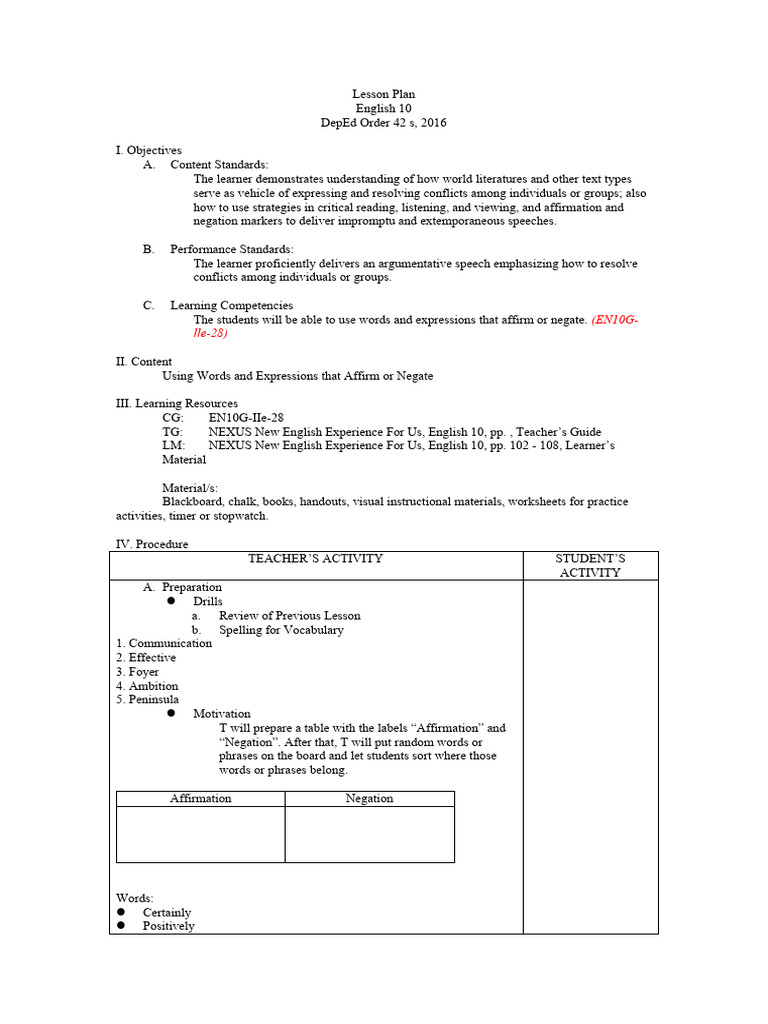 Lesson Plan Affirm Negate | PDF | English Language | Lesson Plan