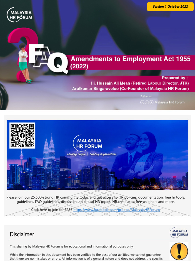 FAQ - Employment Act 1955 Amendment (Version 1 October 2022) | PDF | Employment | Overtime