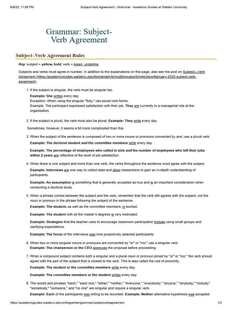 Subject-Verb Agreement Rules Explained | PDF | Grammatical Number ...