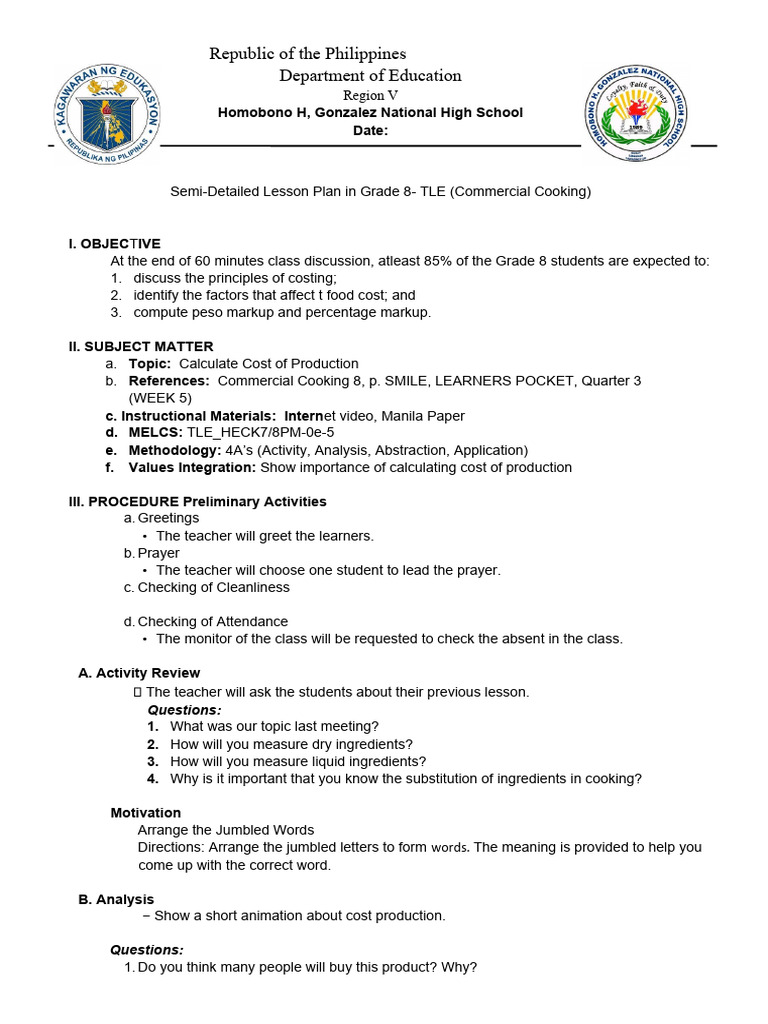 SDLP Calculate Cost of Production | PDF | Lesson Plan | Cognition