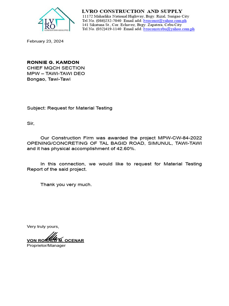 Request for Material Testing Report | PDF | Science & Mathematics