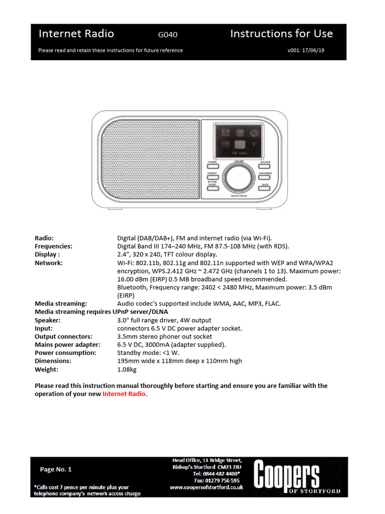 Internet Radio Instructions For Use: Please Read and Retain These ...