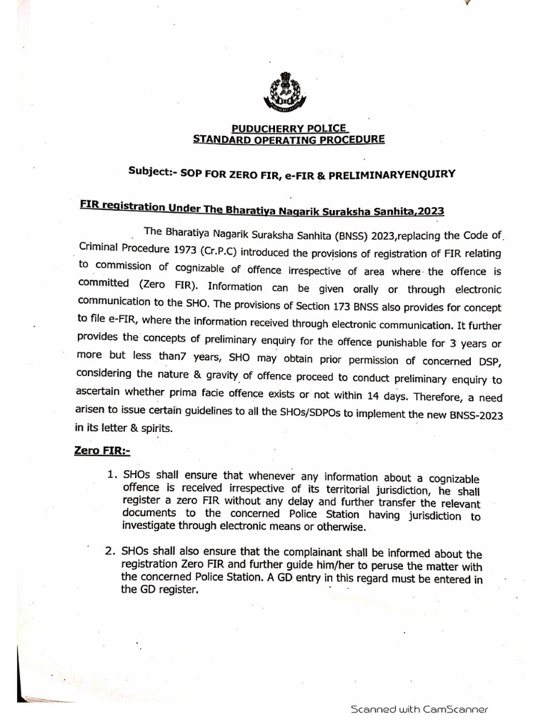 SOP For Zero FIR - E-FIR and Preliminary Enquiry Under BNSS | PDF