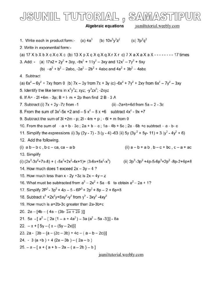 6th Maths Test Paper Algebraic Equations | PDF