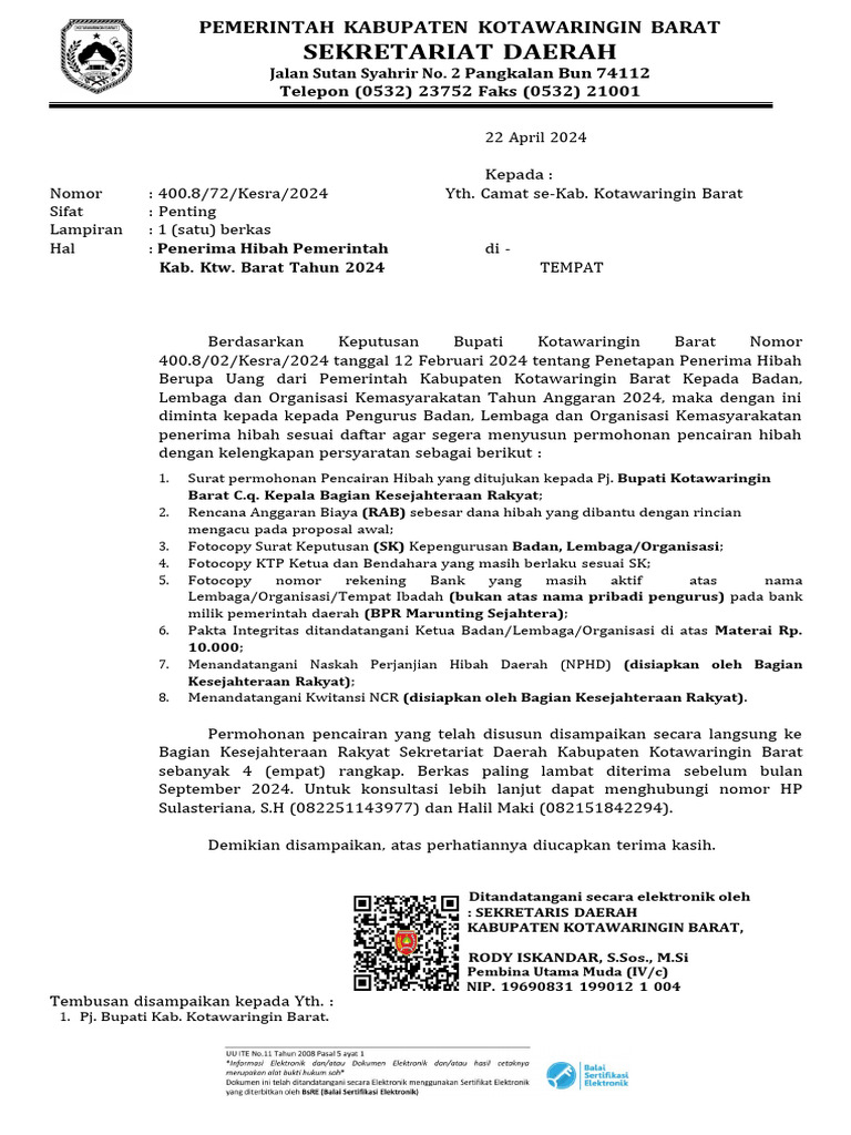 2023 - Surat Penyampaian SK Hibah 2024 | PDF