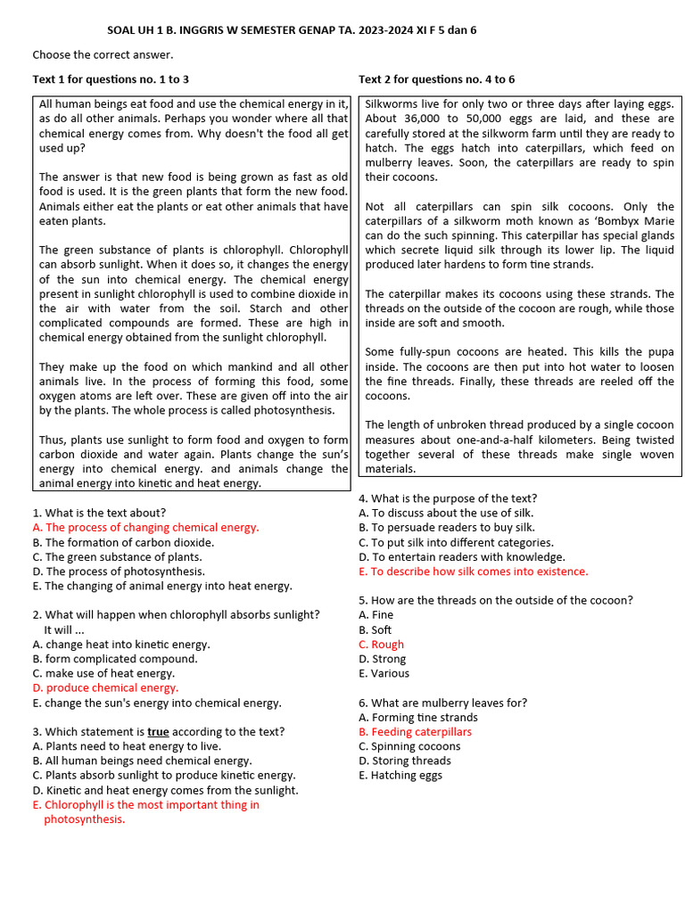 Soal Uh 1 Genap Bing W Xi F 5, 6 2324 | PDF | Silk | Pesticide