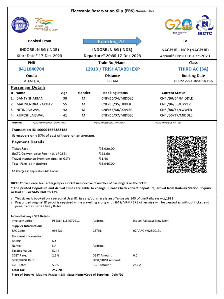 Trishatabdi Exp Third Ac (3A) | PDF | Identity Document