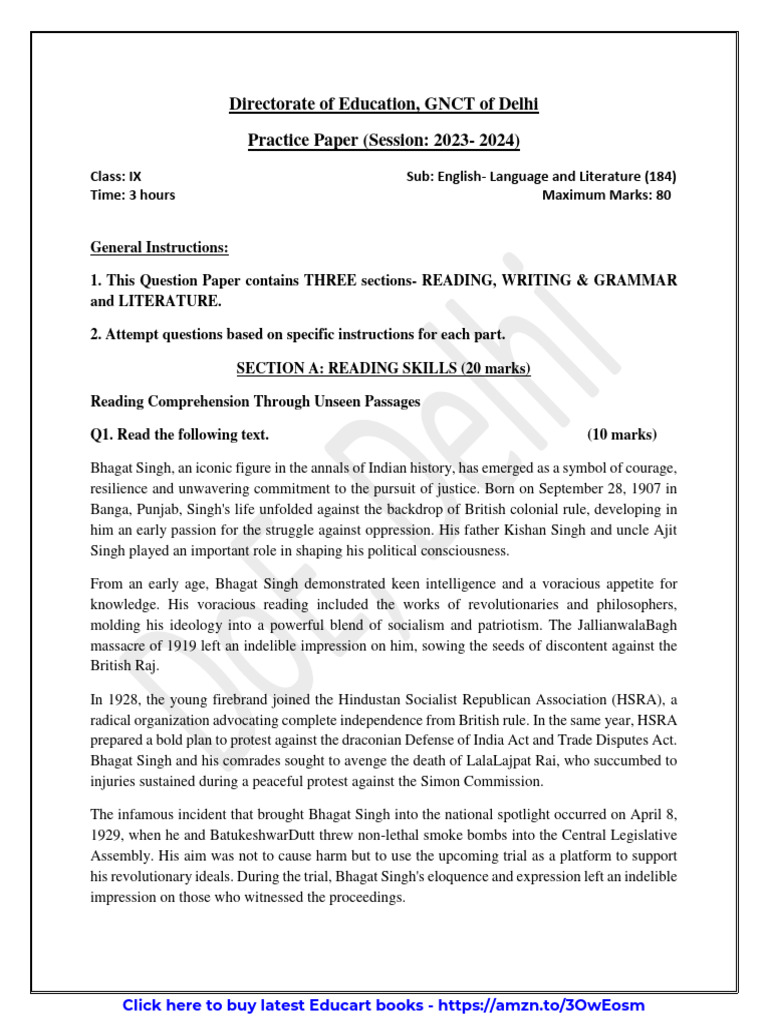 Class 9 English Paper 2023-24 Set 2 | PDF