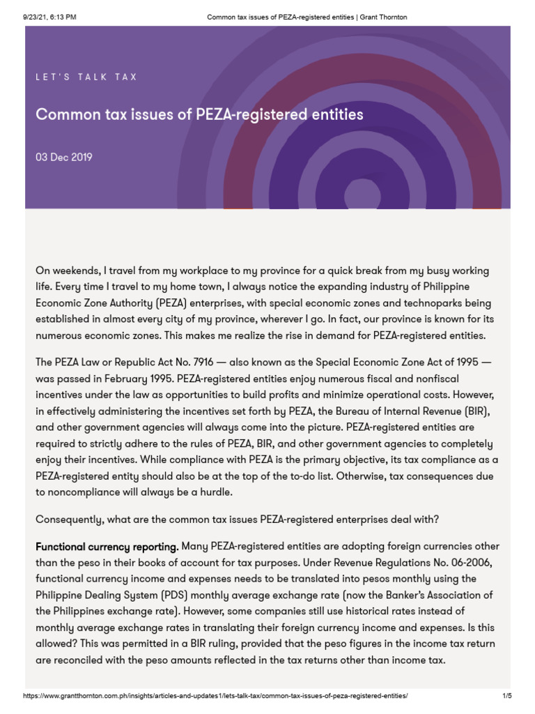 Common Tax Issues of PEZA-registered Entities - Grant Thornton | PDF ...