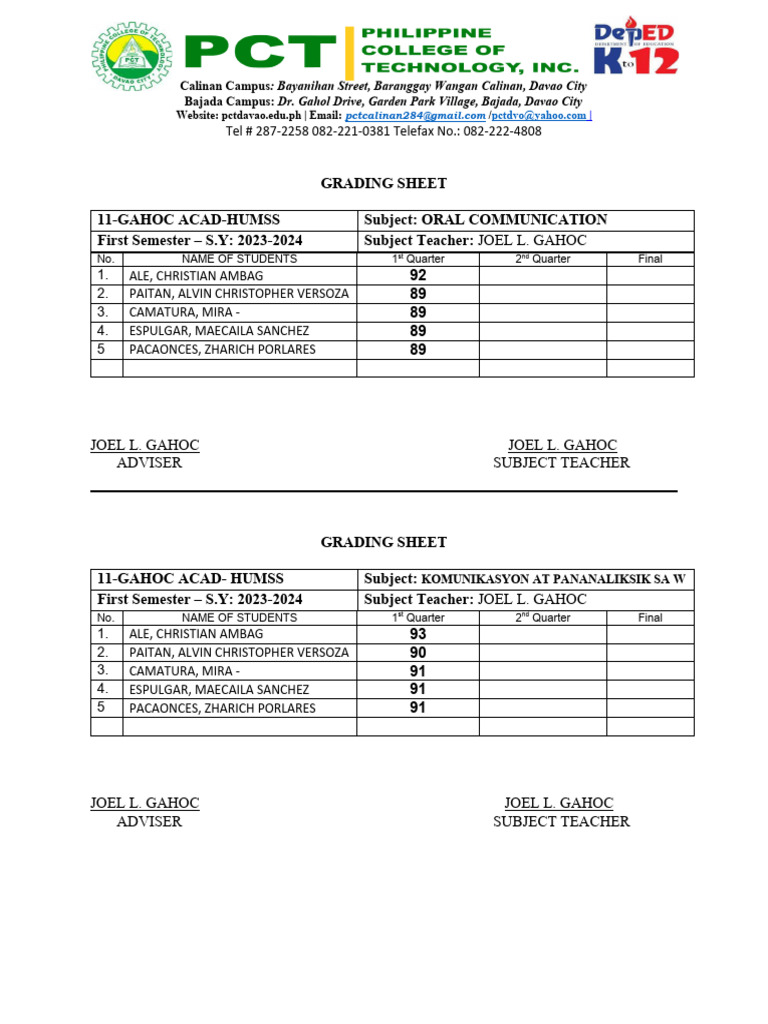 Grading Sheet Gahoc-Humss | PDF