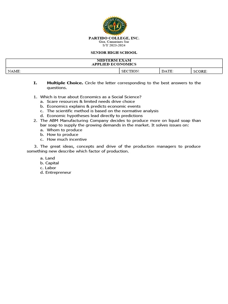 Applied Economics Midterm Exam | PDF | Economics | Labour Economics