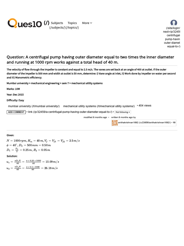 A Centrifugal Pump Having Outer Diameter Equal To Two Times The Inner ...