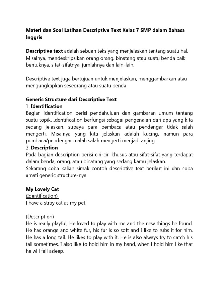 Materi Dan Soal Latihan Descriptive Text Kelas 7 SMP Dalam Bahasa ...