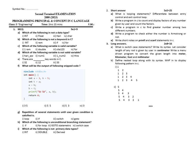 Class 9 Second Term C Programming 2080 | PDF | Control Flow | Computer Science