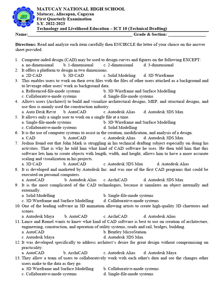Mnhs Tle Ict 10 Quarter 1 Exam | PDF | Autodesk | 3 D Computer Graphics