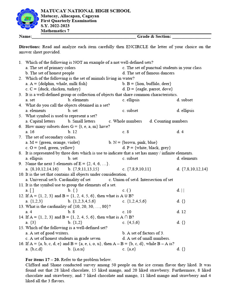 Mnhs Mathematics 7 Quarter 1 Exam | PDF | Numbers | Mathematics