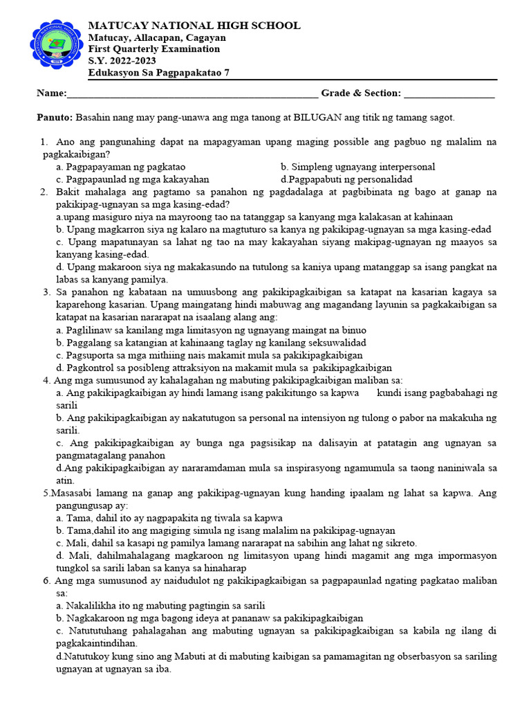 Mnhs Esp 7 Quarter 1 Exam | PDF