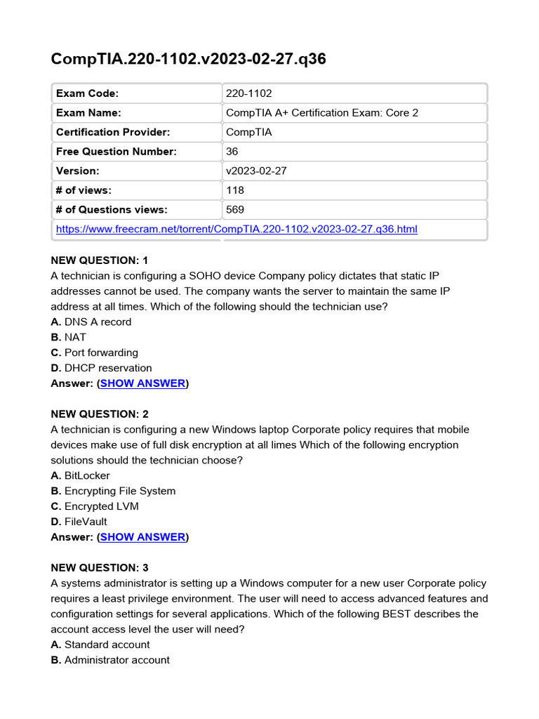 CompTIA 220-1102 v2023-02-27 q36 | PDF | Windows 10 | Computer Virus