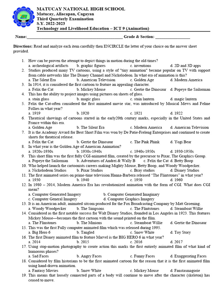Mnhs Tle Ict 9 Quarter 3 Exam | PDF | Animation