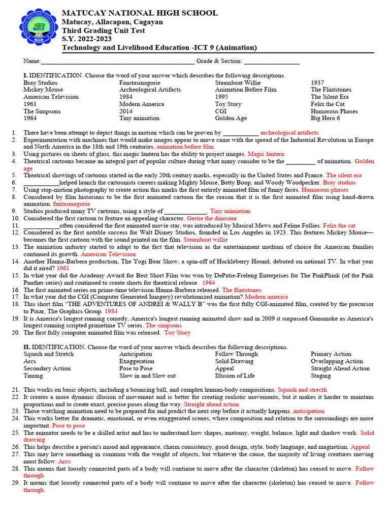 Mnhs Tle Ict 9 Unit Test Set A Quarter 3 - Answer Key | PDF | Animation ...
