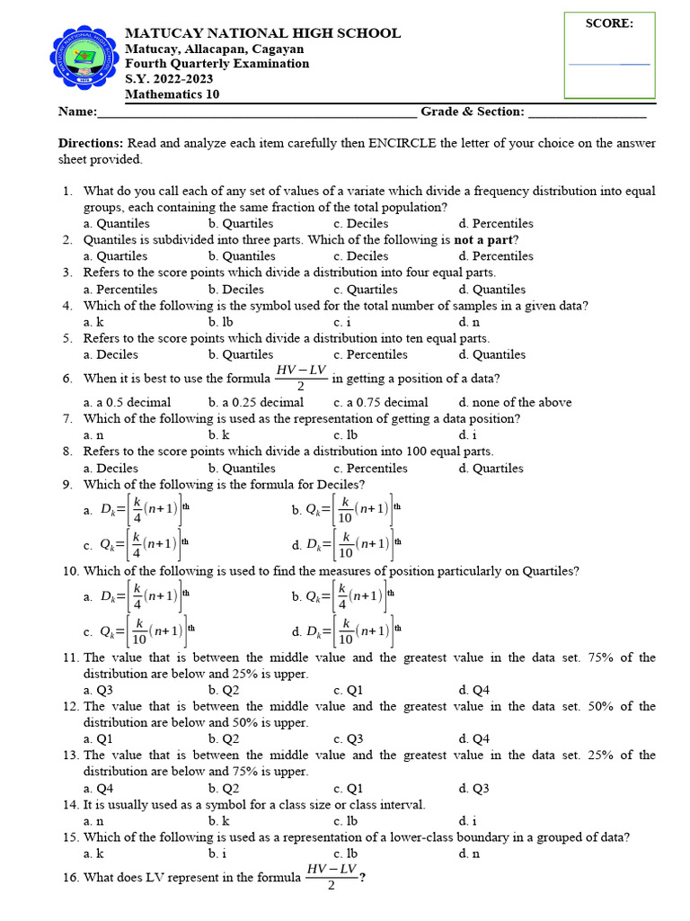 Mnhs Mathematics 10 Quarter 4 Exam | PDF | Quantile