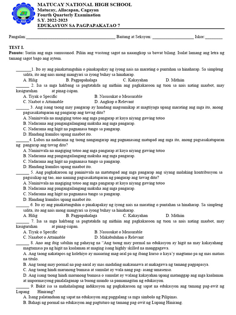 Mnhs Esp 7 Quarter 4 Exam | PDF