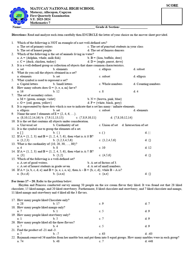Mnhs Mathematics 7 Quarter 1 Exam | PDF | Numbers | Mathematical Objects
