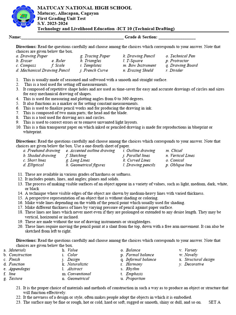 Mnhs Tle Ict 10 Unit Test Set a Quarter 1 | PDF | Drawing | Pencil
