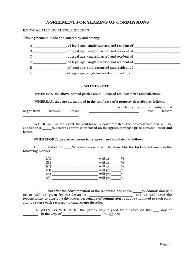 Agreement For Sharing of Commissions | PDF | Lease | Legal Documents