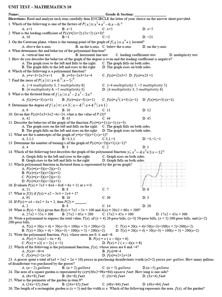 Mnhs Mathematics 10 Quarter 2 Unit Test | PDF | Cartesian Coordinate ...