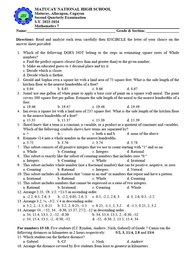 Mnhs Math 7 Quarter 2 Exam | PDF | Rational Number | Numbers