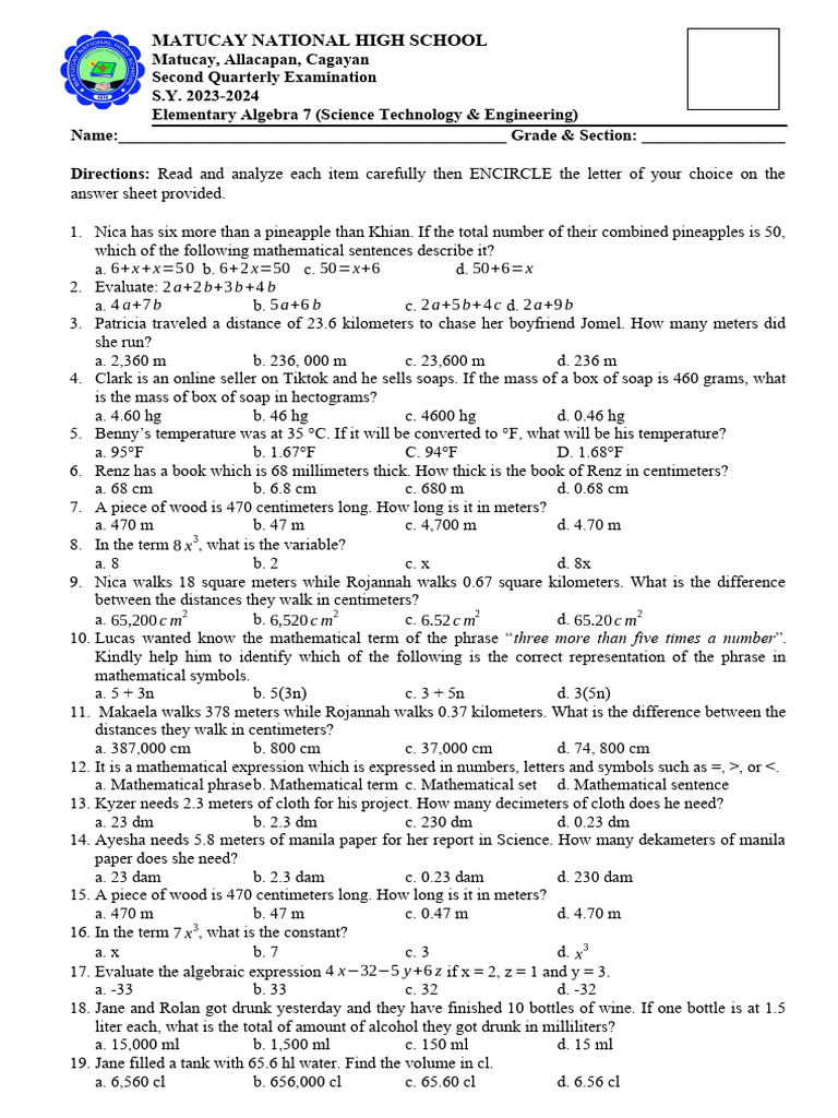 Mnhs Mathematics 7 Ste Quarter 2 Exam | PDF | Kilogram | Metrology