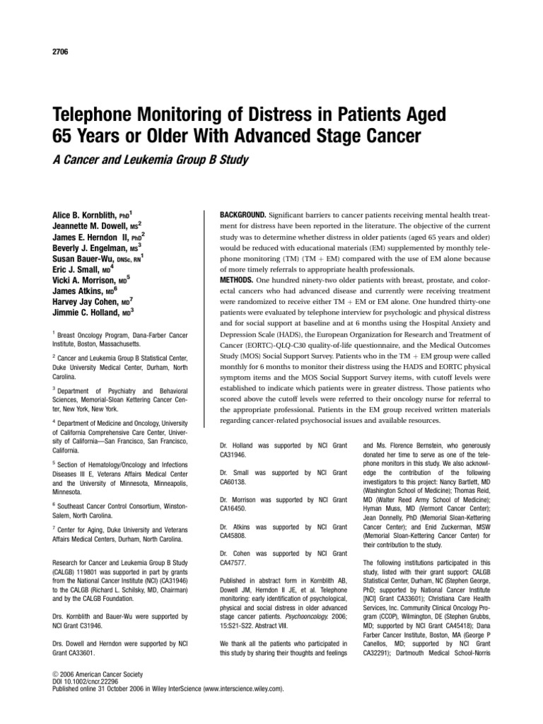 Cancer - 2006 - Kornblith - Telephone Monitoring of Distress in ...