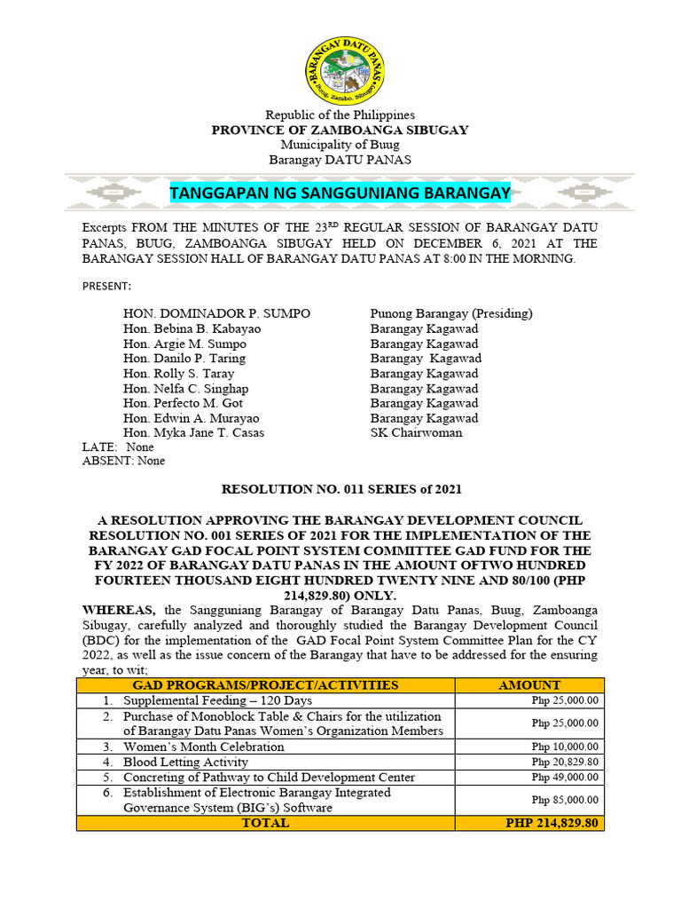 3 Barangay Resolution No. 011 S2021 (GAD 2022) | PDF | Home & Garden