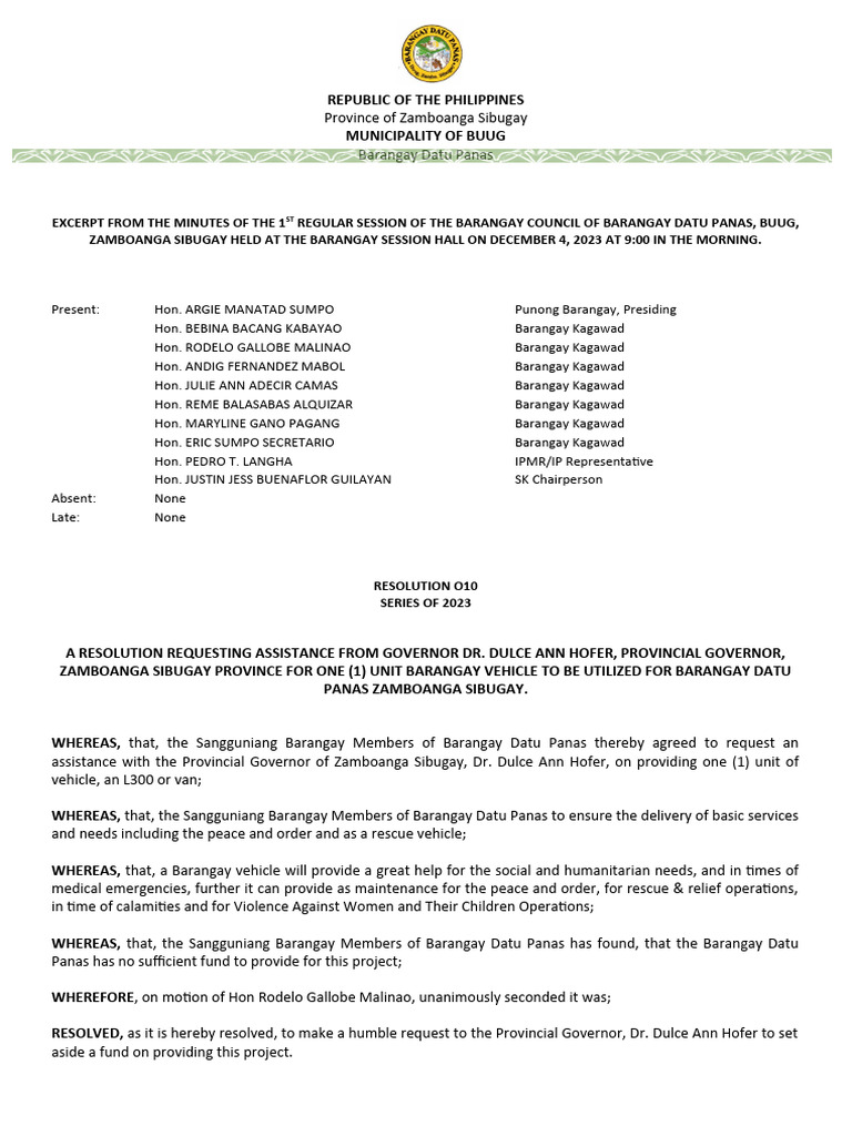 Resolution No. 10 s2023 (Requesting For Vehicle) | PDF | Philippines