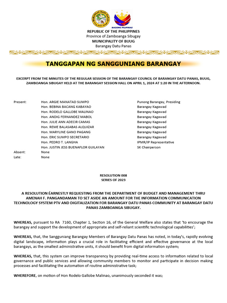RESOLUTION NO. 8 S2024 (Digitilazation for Barangay Community) | PDF ...