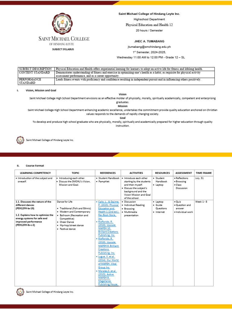 Physical Education & Health Syllabus 12 | PDF | Physical Education ...
