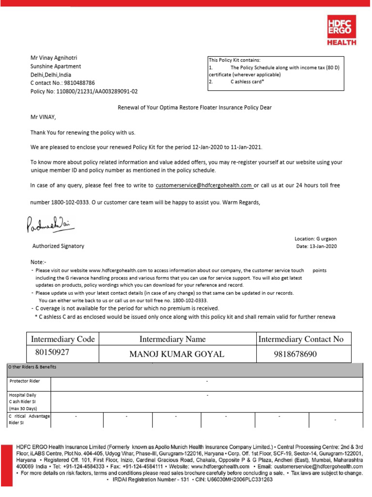 Intermediary Code Intermediary Name Intermediary Contact No 80150927 Manoj Kumar Goyal ...