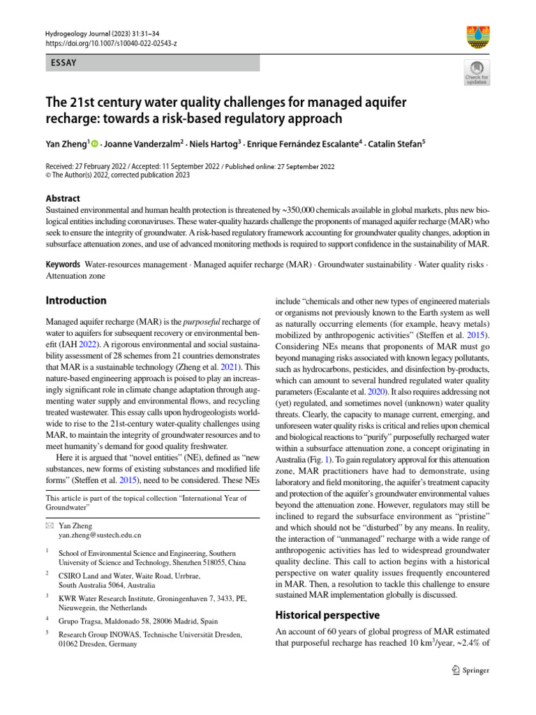 The 21st century water quality challenges for managed aquifer recharge ...