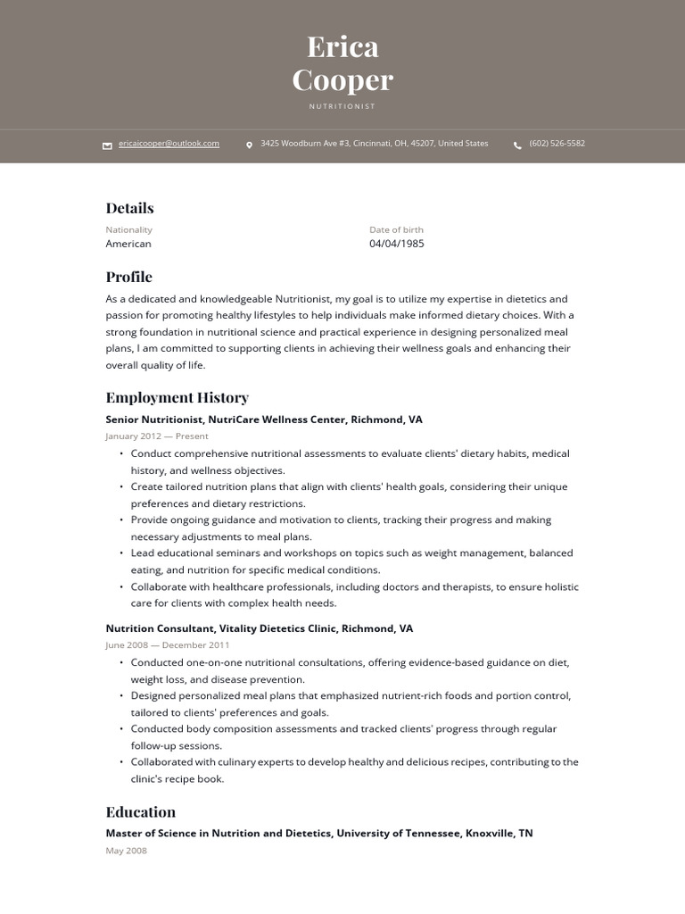 Erica Cooper - Nutritionist | PDF | Dietitian | Medicine