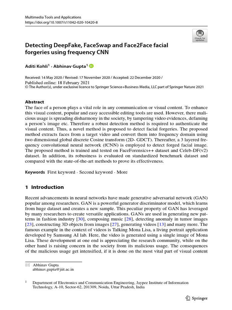 Detecting Deepfake, Faceswap and Face2Face Facial Forgeries Using Frequency CNN | PDF | Applied ...