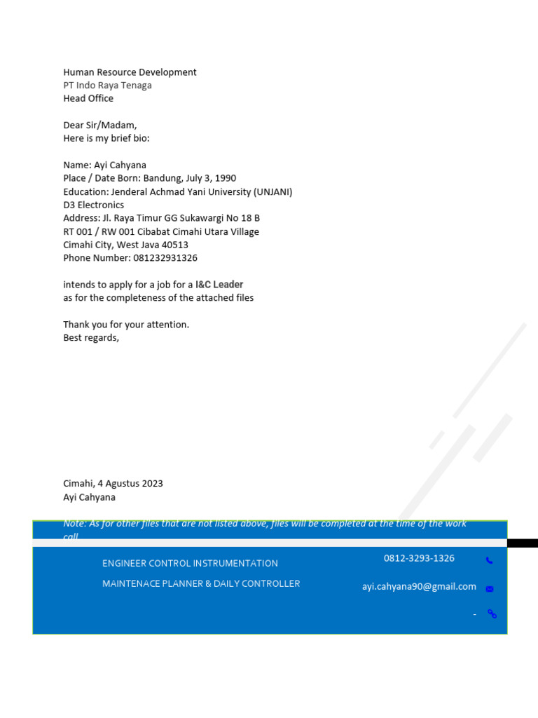 CV & Letters To PT Indo Raya Tenaga (I&C Leader) | PDF | Systems ...
